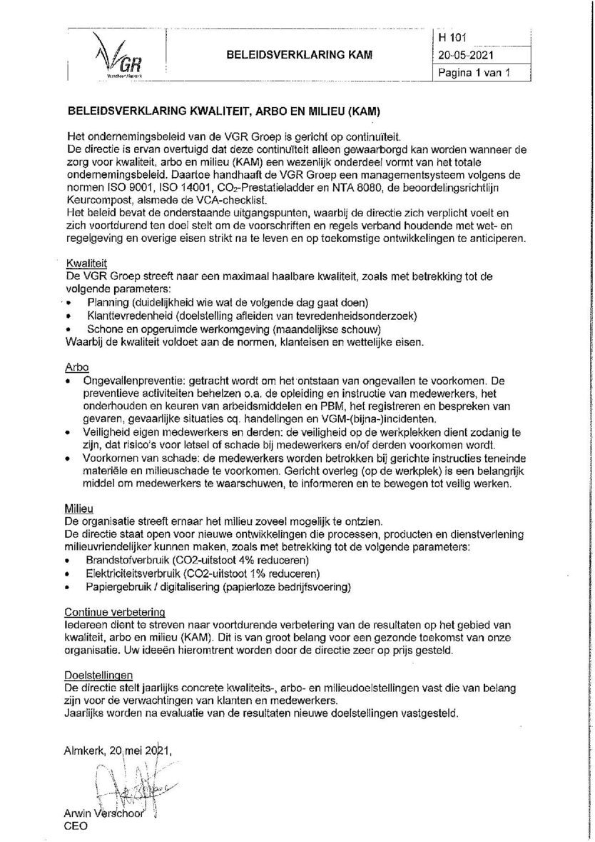 Kwaliteit, Arbo en Milieu | Certificaten | VGR Groep
